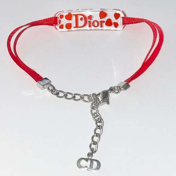 Auth Vtg Christian Dior Clear Lucite Red Heart Logo Nameplate Ribbon Bracelet