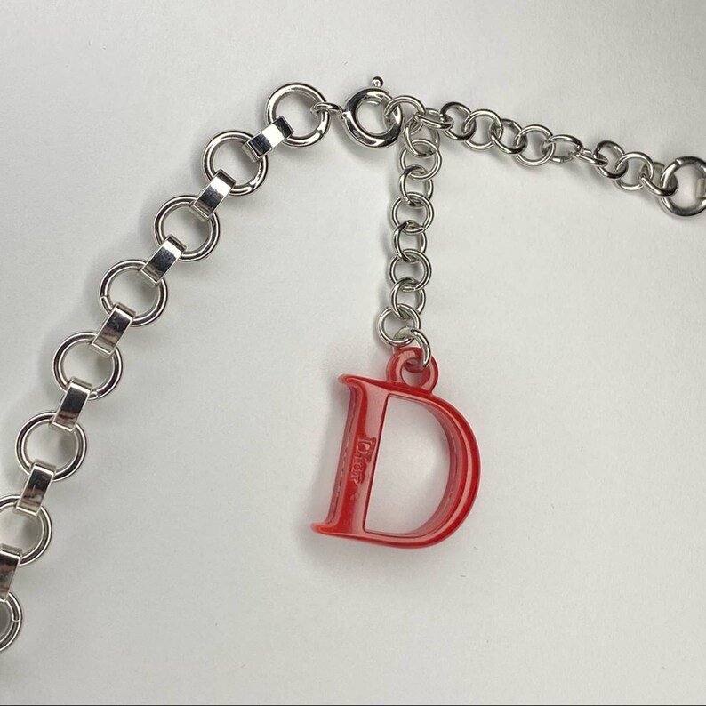 VTG Christian Dior Silver Chain Link Red Acrylic Bee Charm Logo Choker ...