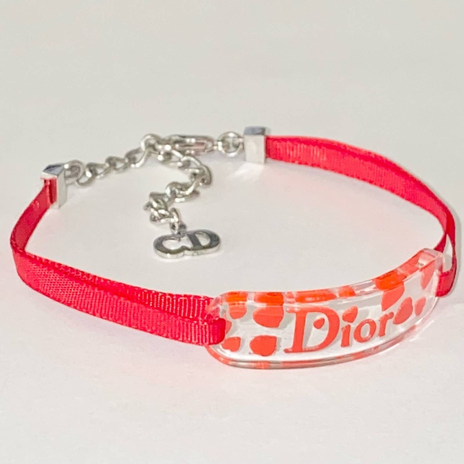 AUTH VTG Christian Dior Clear Lucite Red Heart Logo Nameplate Ribbon ...