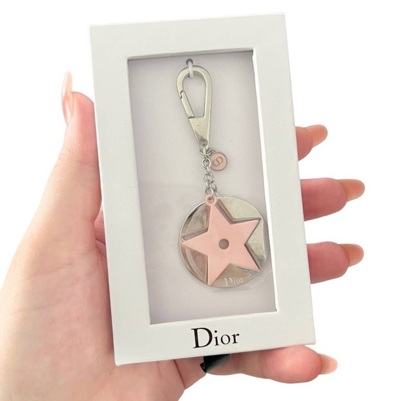 VTG AUTH Christian Dior Silver Metal Pink Star Logo Bag Charm Keychain ...