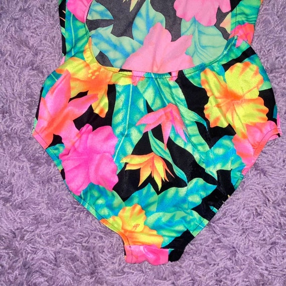 VTG 80s Miss USA Union Made Neon Tropical Ruffle Low … - Gem