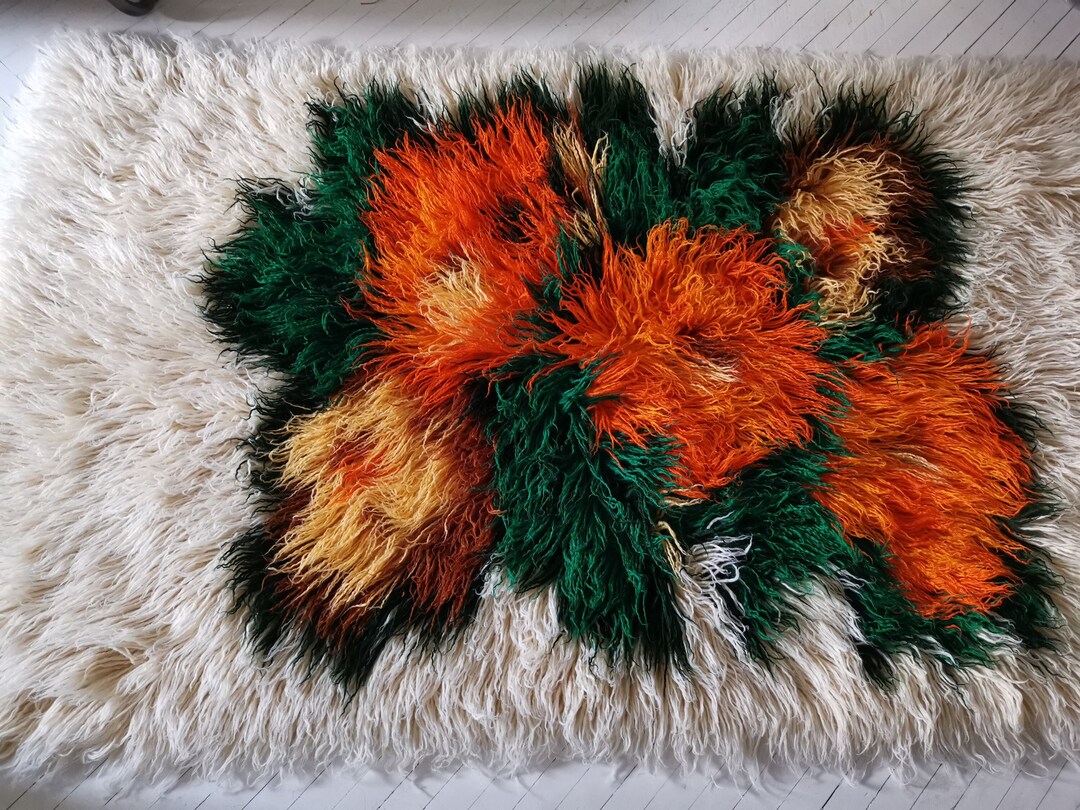 Vintage Flokati Wool Rug 3,7х6,6ft, Poppies Handmade Kilim Blanket ...