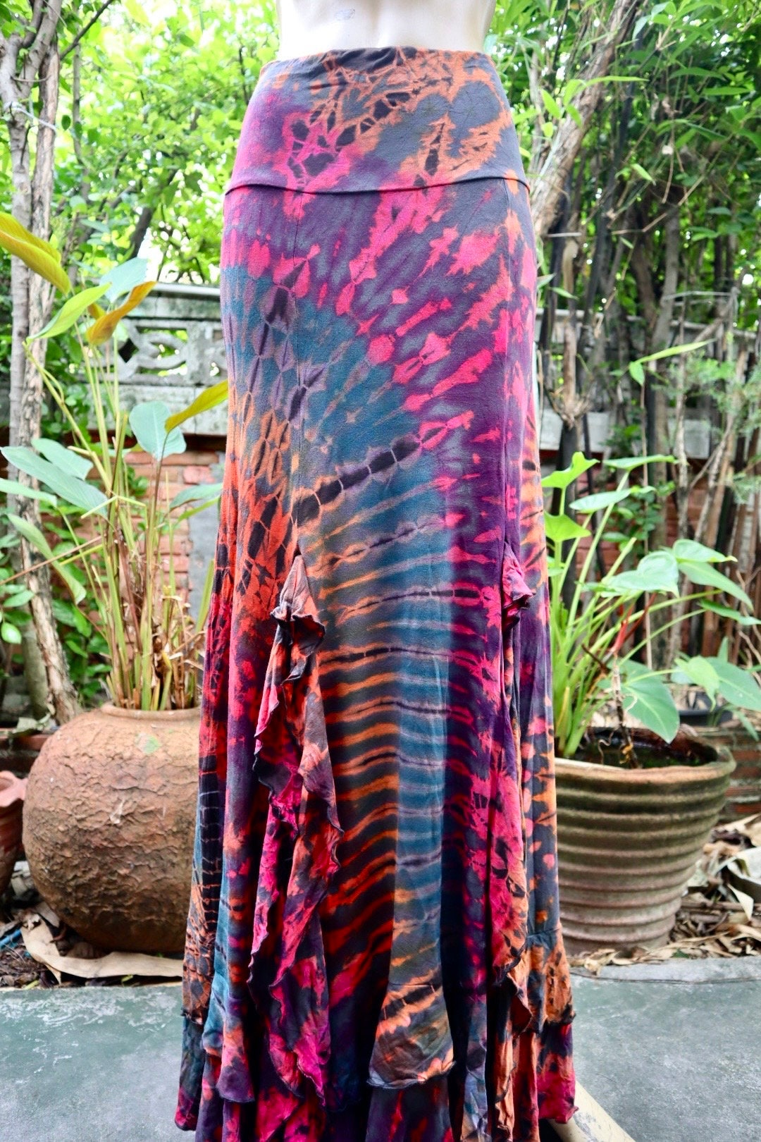 Tie Dye Double Slit Ruffle Maxi Skirt , Women Ruffle Skirt, Flamenco ...