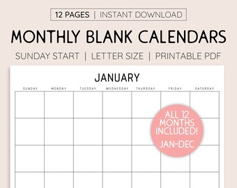 Monthly Blank Calendar Sunday-start, Simple Calendar, 11 X 8.5 Inches ...