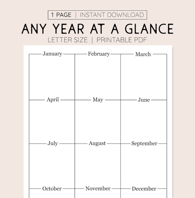 Any Year at A Glance, INSTANT DOWNLOAD, Printable Yearly Calendar,8.5 ...