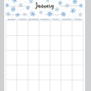 January Calendar Printable: Snowflake Design, Undated Monthly View (PDF ...