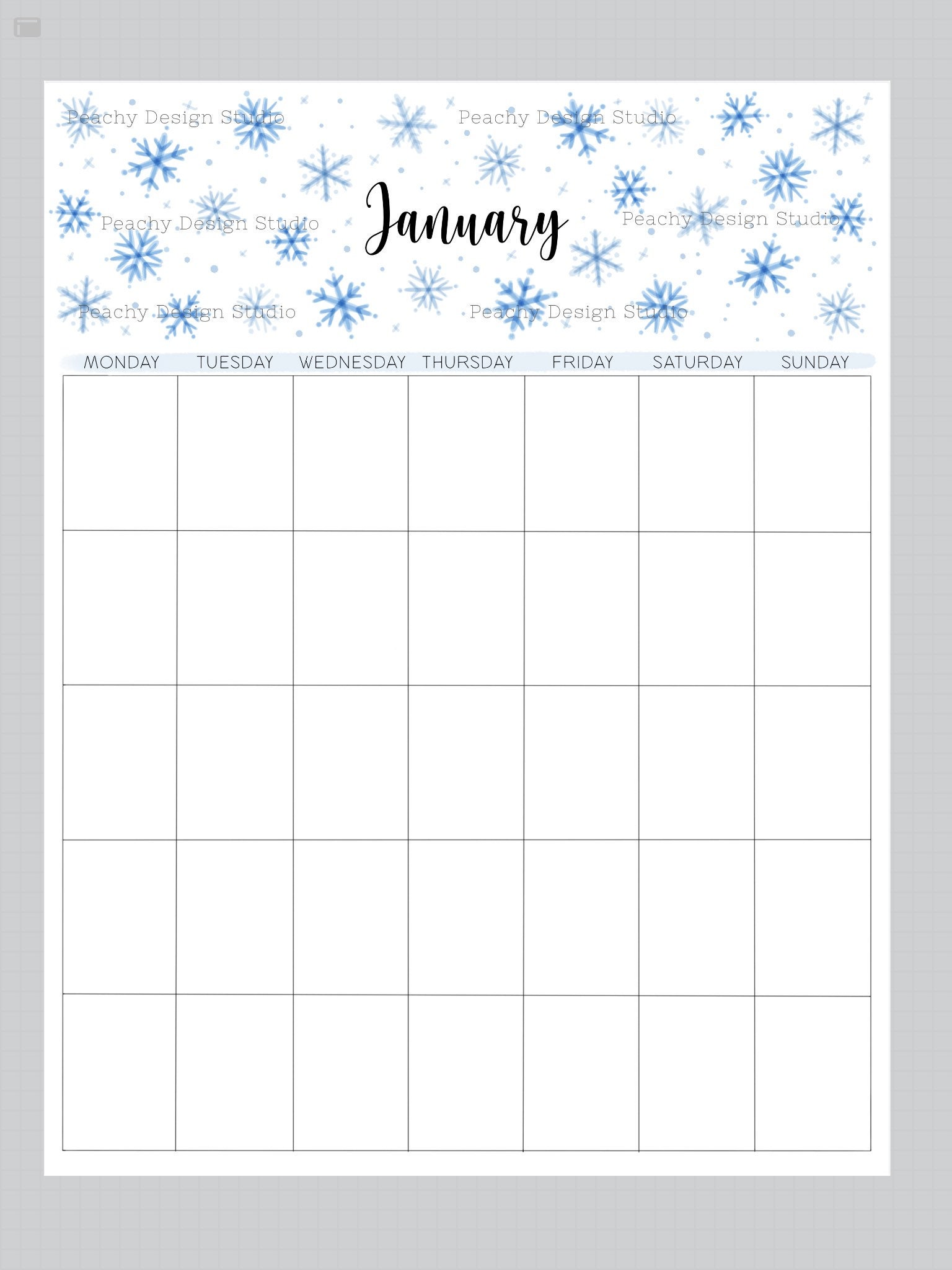 January Calendar Printable: Snowflake Design, Undated Monthly View (PDF ...