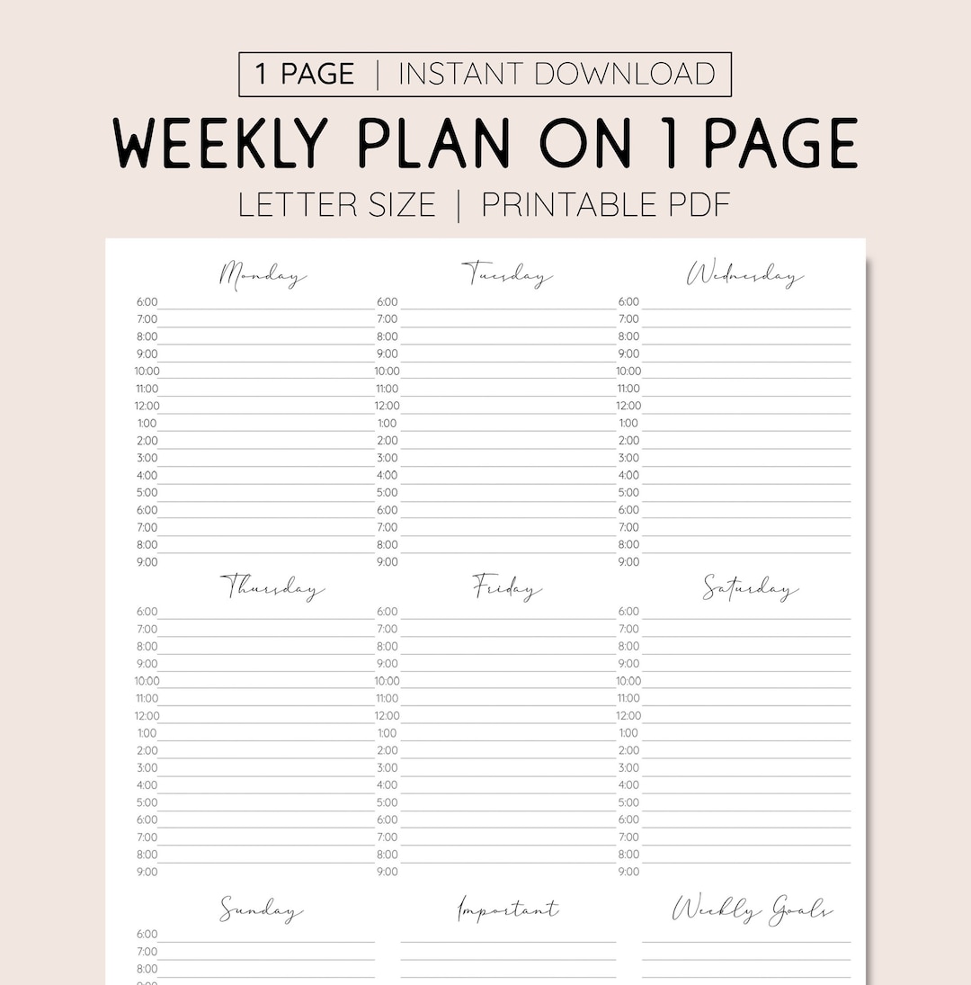 Week at A Glance, INSTANT DOWNLOAD, Weekly Overview, Printable Calendar ...