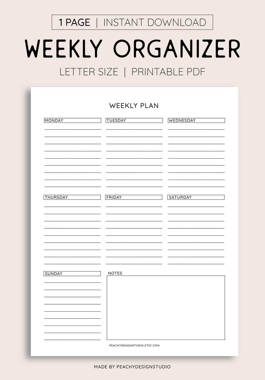 Weekly Organizer, INSTANT DOWNLOAD, Printable Weekly Schedule, Planner ...