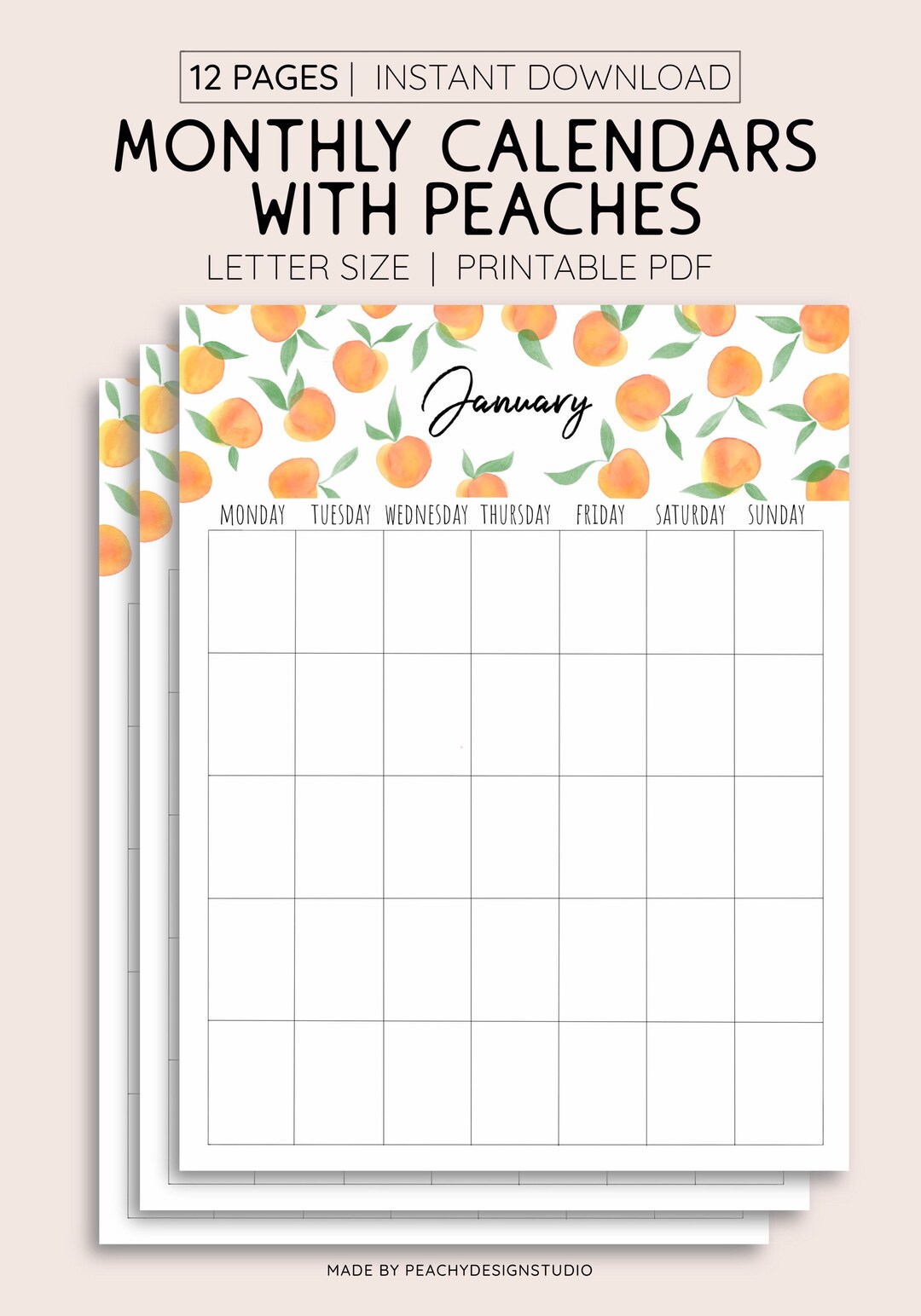 Monthly Calendars Any Year Digital Download, INSTANT DOWNLOAD, Monthly ...