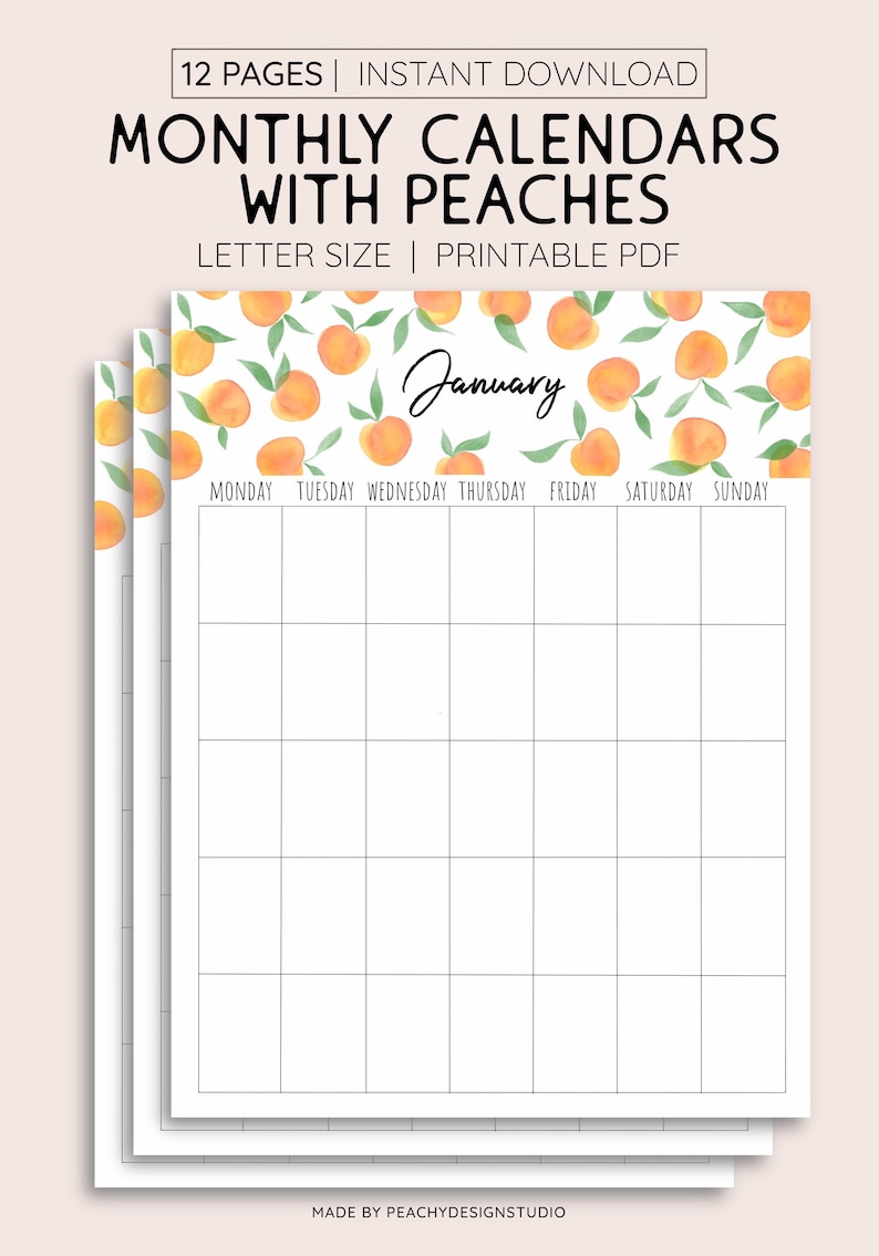 Monthly Calendars Any Year Digital Download, INSTANT DOWNLOAD, Monthly ...