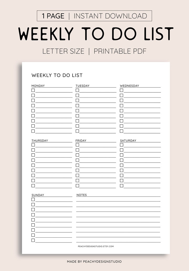 Weekly to Do List Printable, INSTANT DOWNLOAD PDF, Task Organizer ...