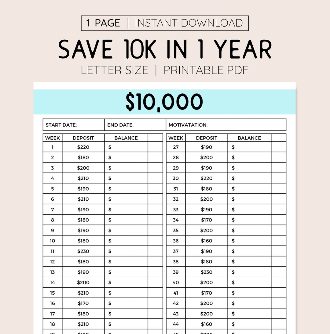 10K Savings Goal Tracker Printable Money Saving Log, 1 Year Savings ...