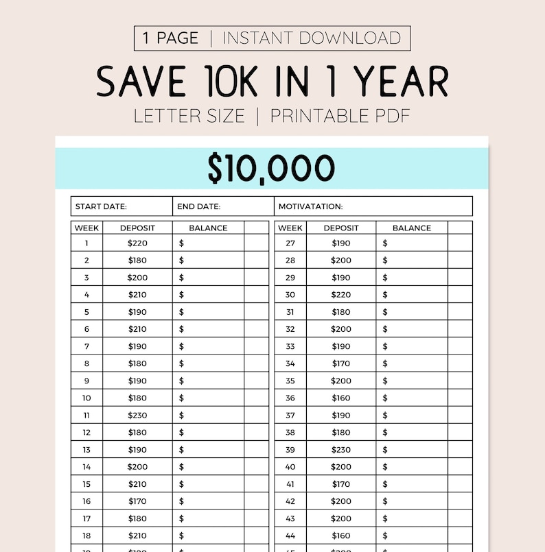 10K Savings Goal Tracker Printable Money Saving Log, 1 Year Savings ...