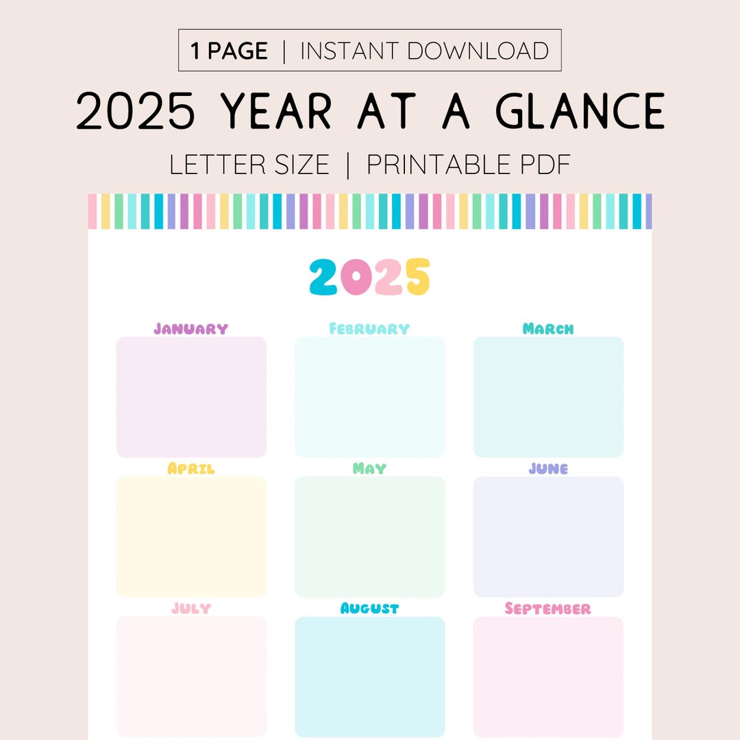 2025 Year at A Glance Printable: Rainbow Calendar Planner (PDF Download ...