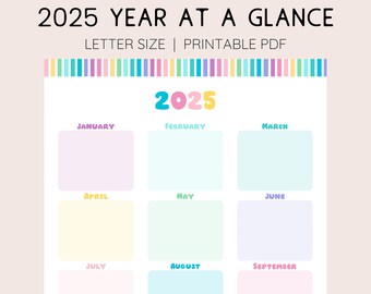 2025 Calendar Sheet Year at a Glance Printable Colorful - Etsy