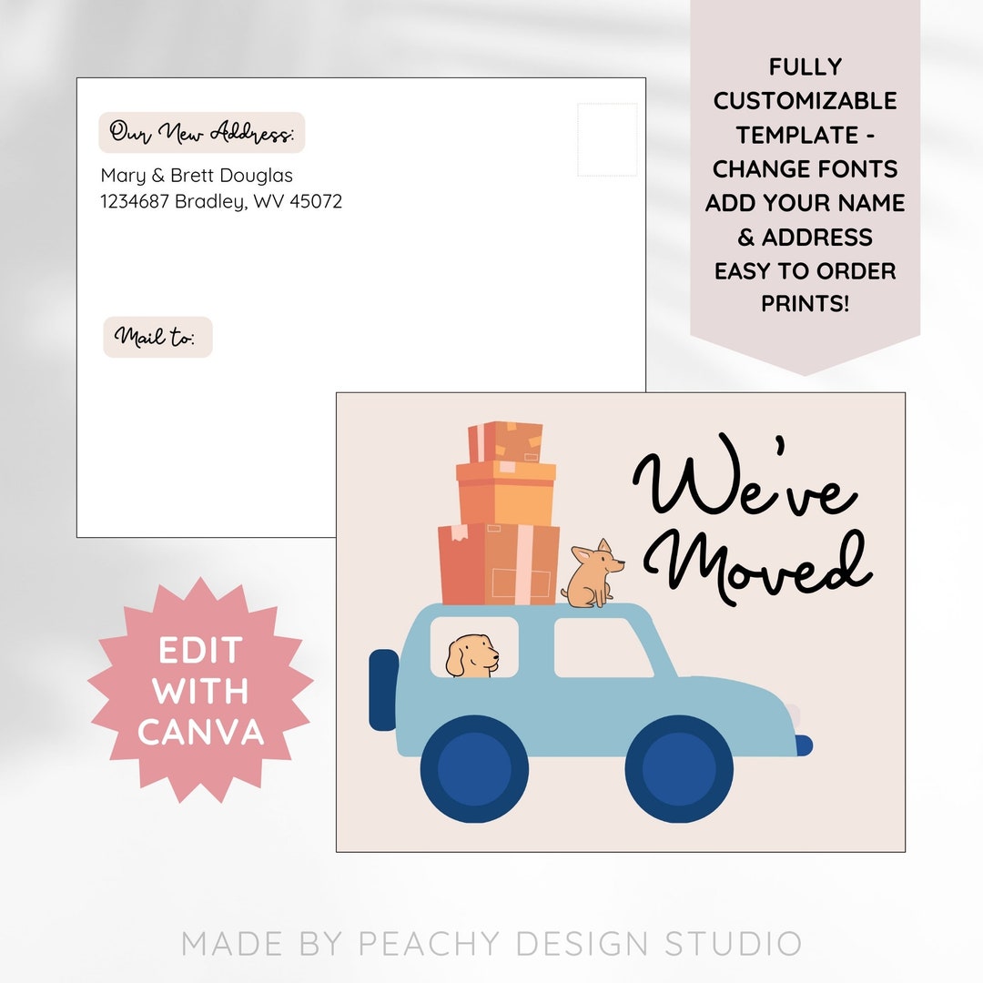 Editable Moving Announcement Postcard: New Address, Car & Dogs (digital ...