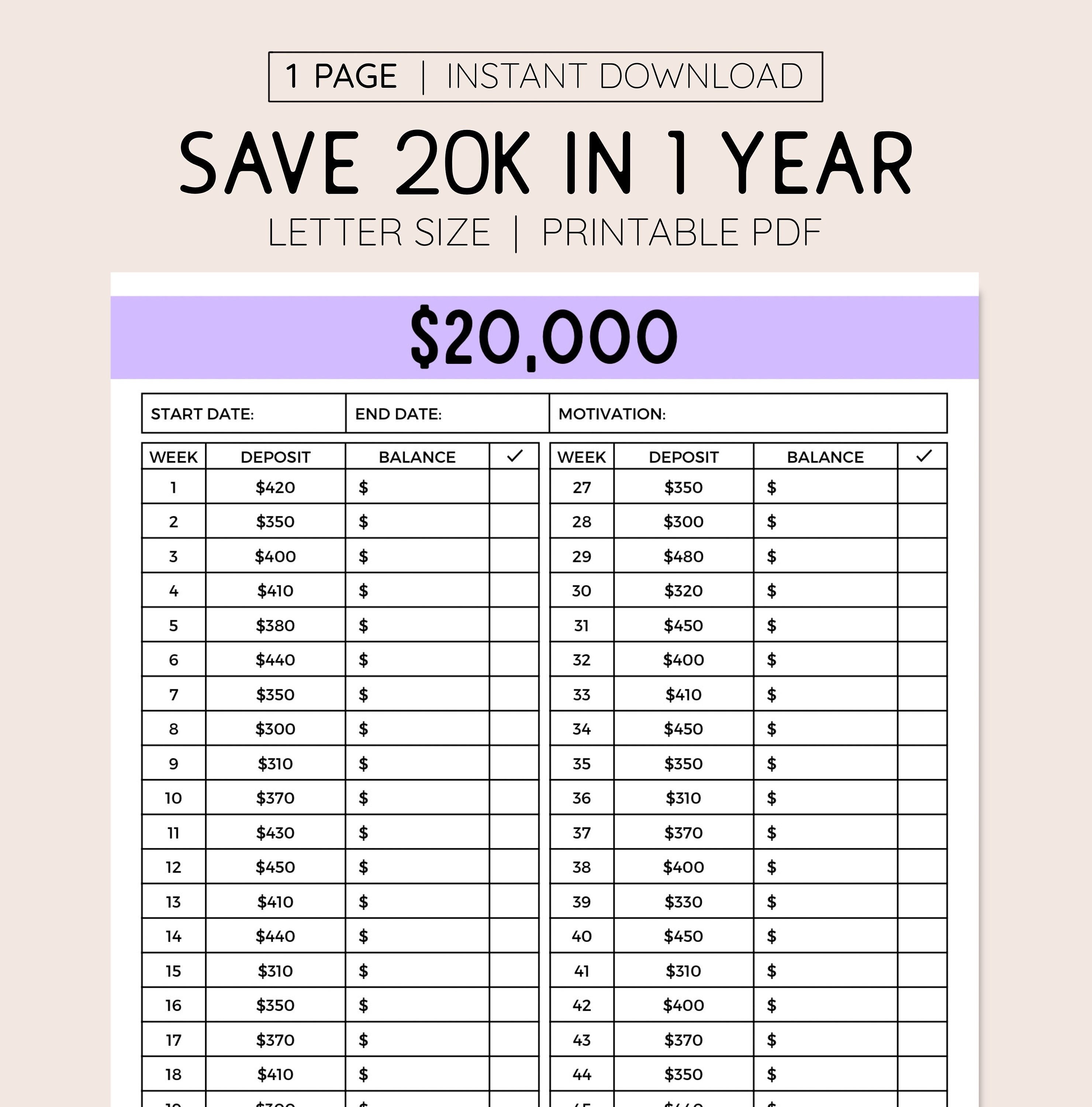 20K Savings Goal Tracker Printable Money Saving Log, 1 Year Savings ...