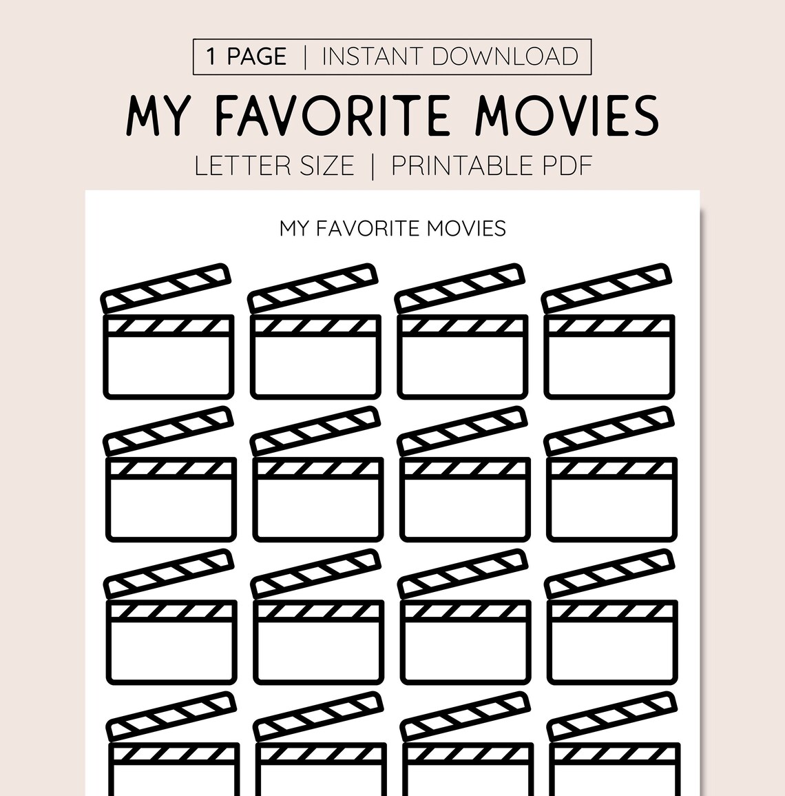 My Favorite Movie Log Printable Coloring Page, 8.5x11 Letter Size ...