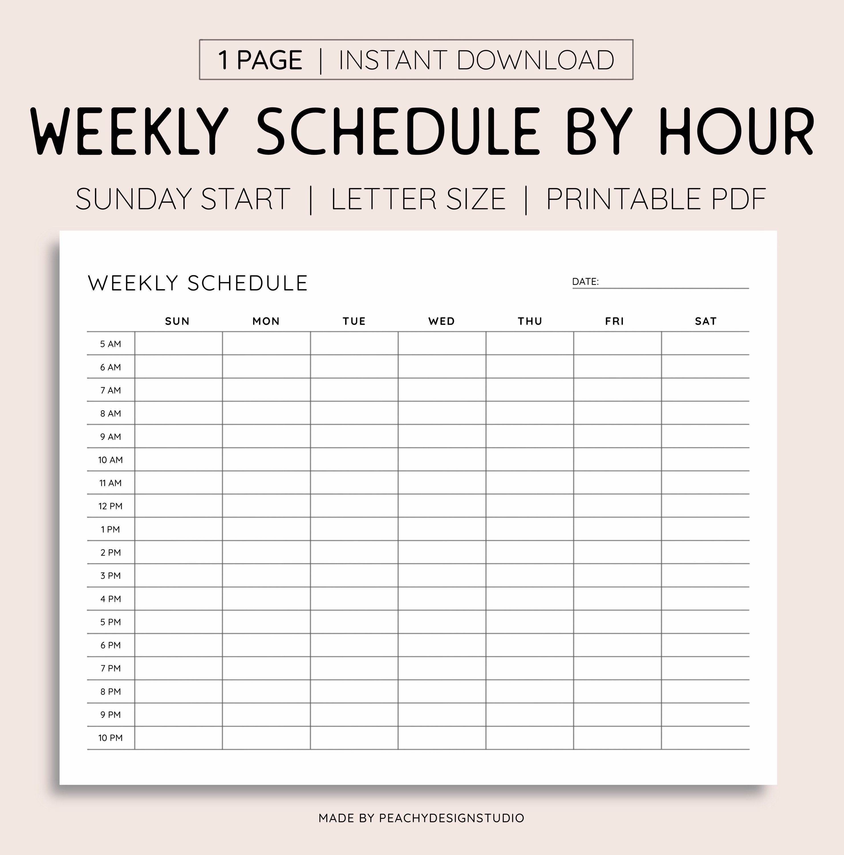 Weekly Schedule Printable, INSTANT DOWNLOAD, Hourly Planner, Weekly to ...