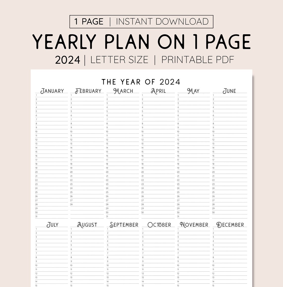 2024 Year at A Glance INSTANT DOWNLOAD Yearly Overview - Etsy