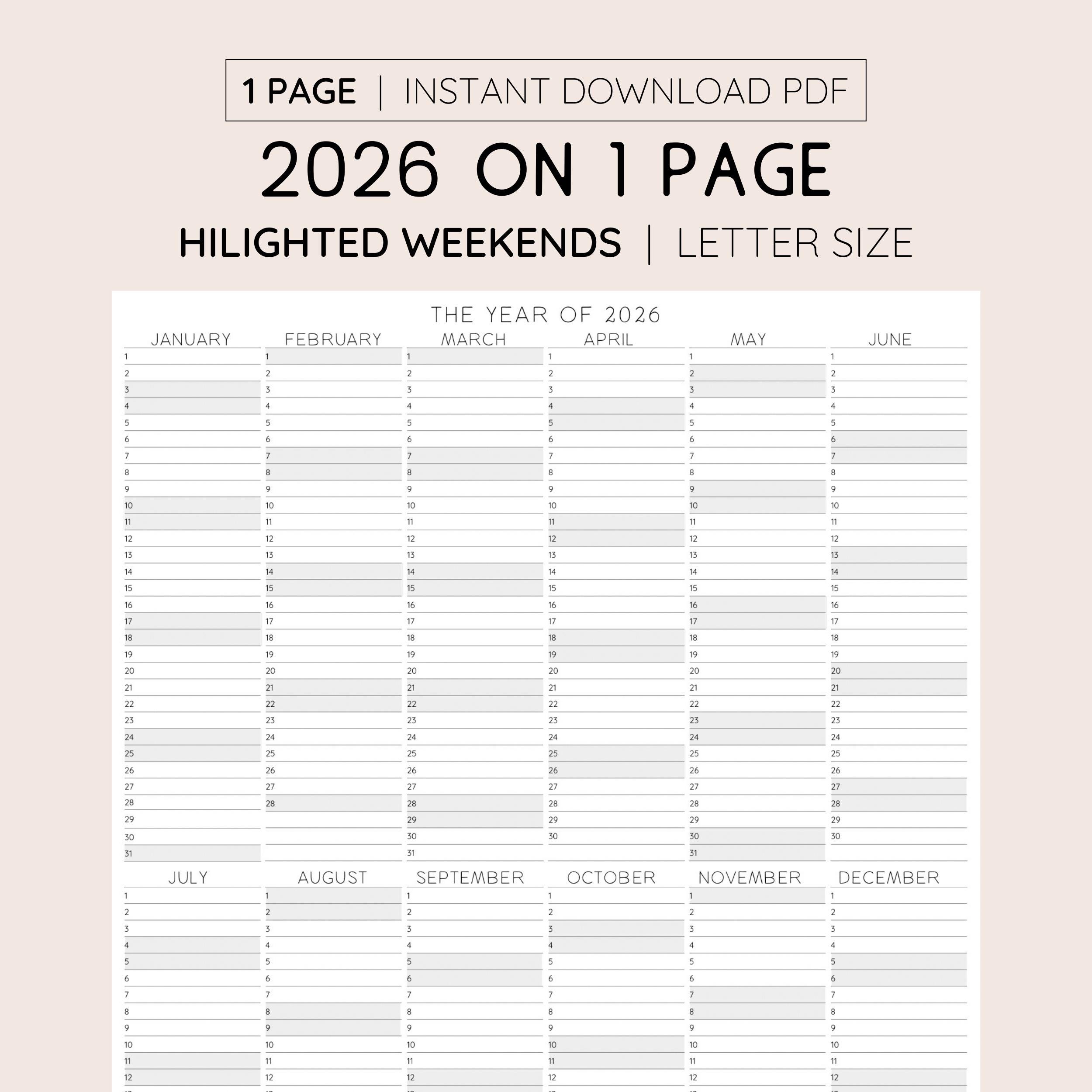 2026 Year at A Glance Planner With Highlighted Weekends, INSTANT ...