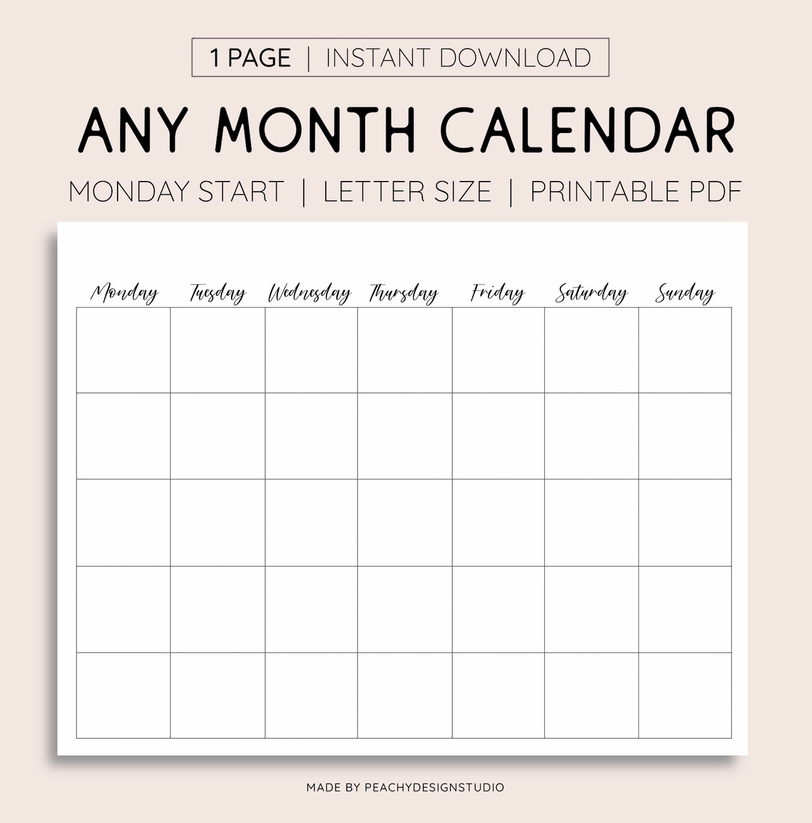 Any Month Calendar, INSTANT DOWNLOAD, 2023 Undated Blank Monthly View ...