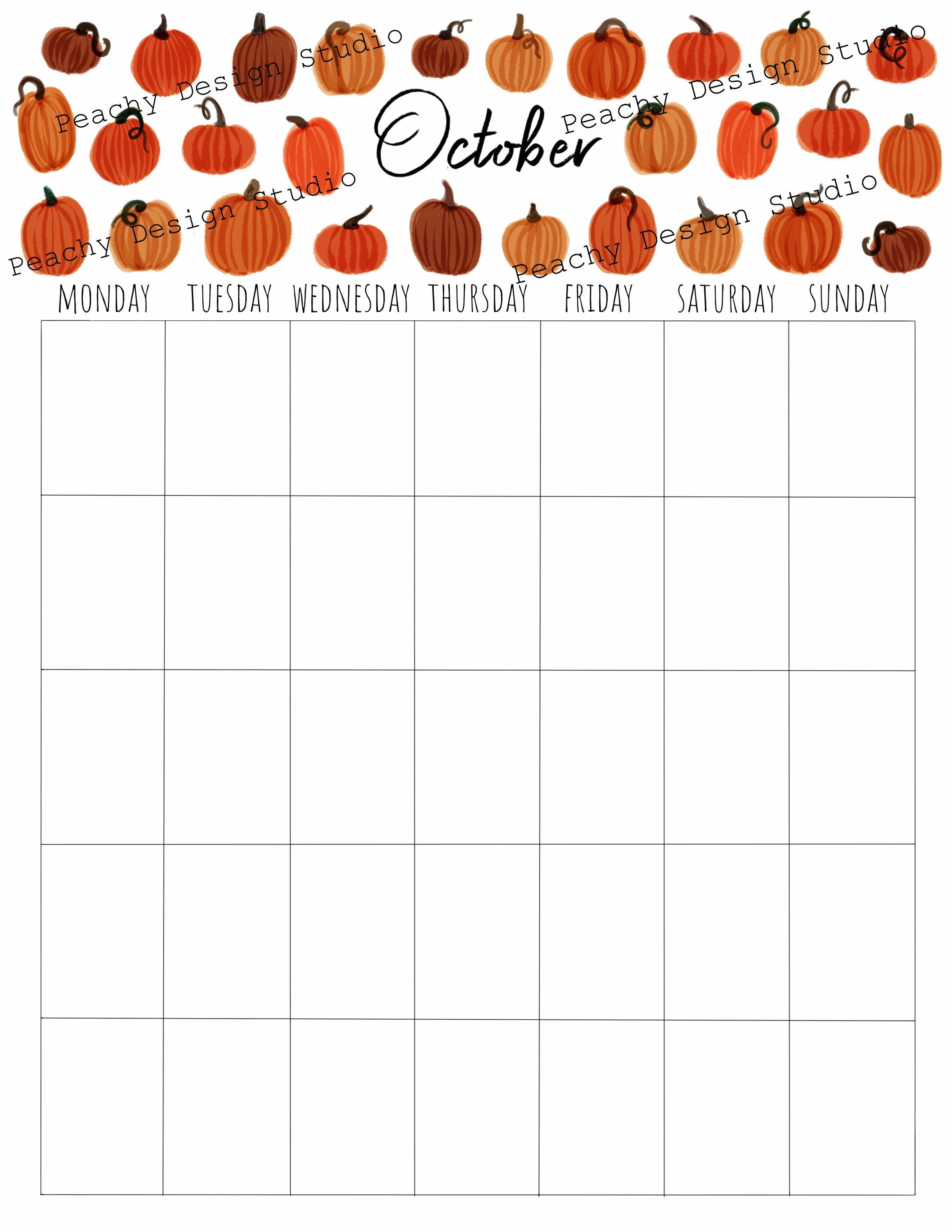 October Monthly Calendar, INSTANT DOWNLOAD, Monlyly Agenda, Monthly ...