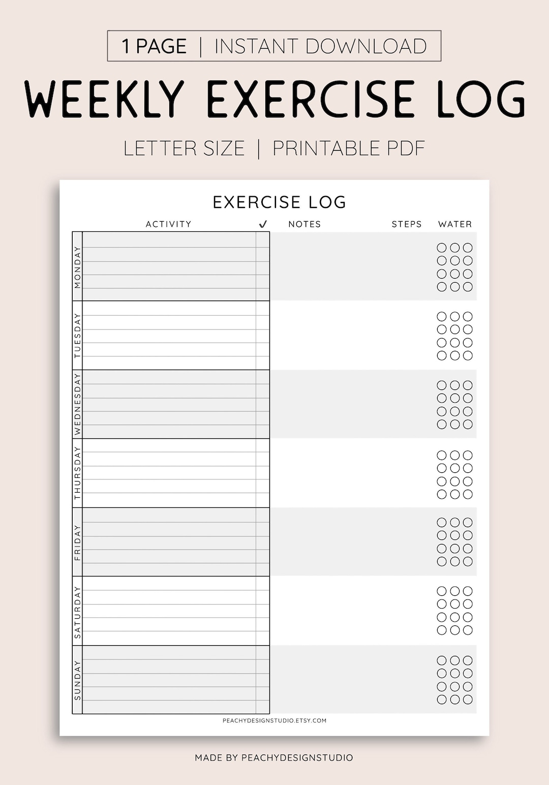 Weekly Exercise Log Printable, INSTANT DOWNLOAD, Weekly Daily Activity ...
