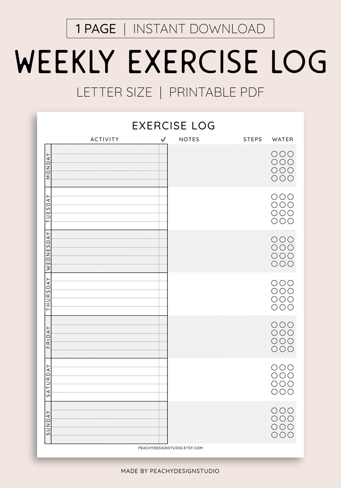 Weekly Exercise Log Printable, INSTANT DOWNLOAD, Weekly Daily Activity ...