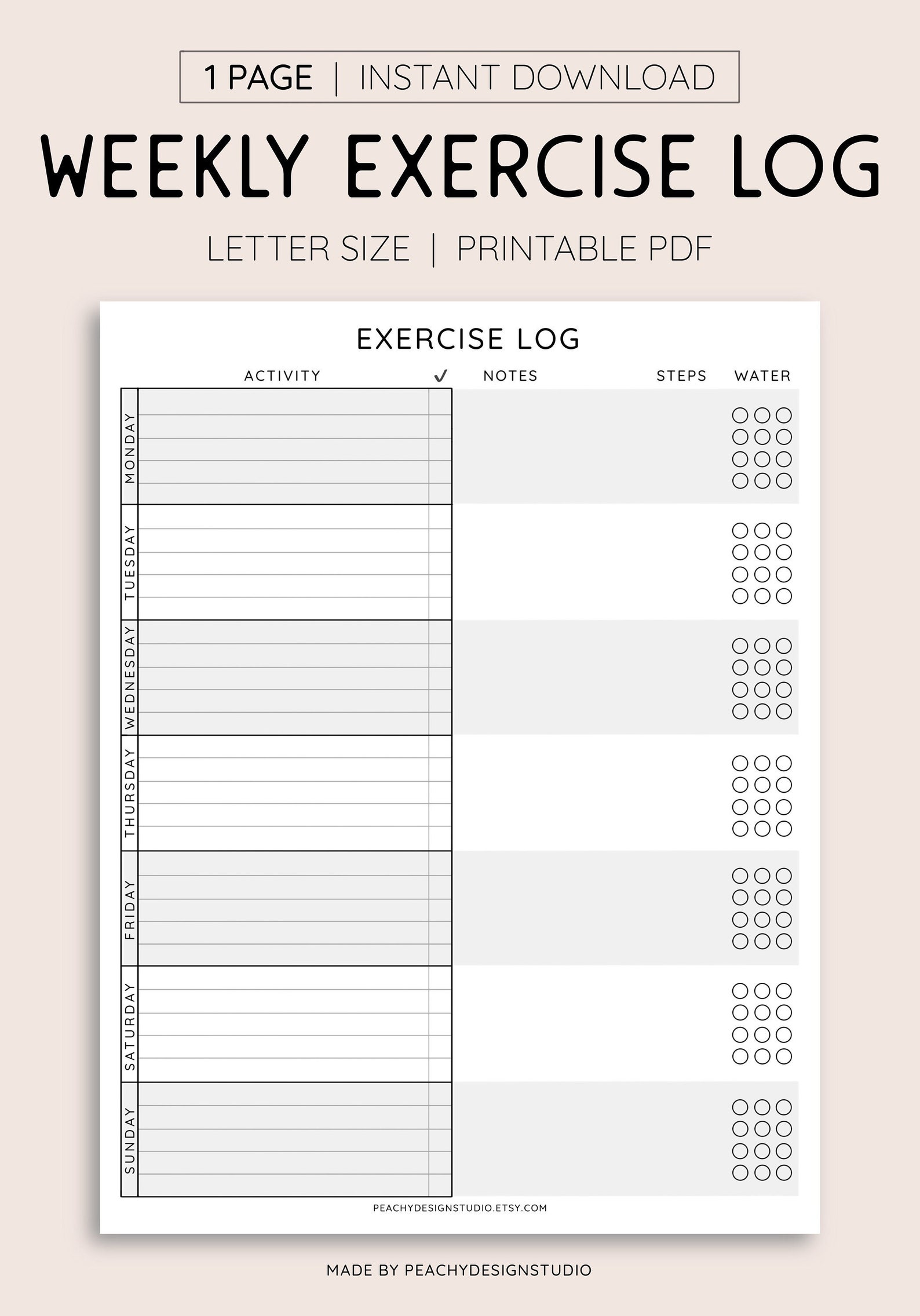 Weekly Exercise Log Printable, INSTANT DOWNLOAD, Weekly Daily Activity ...