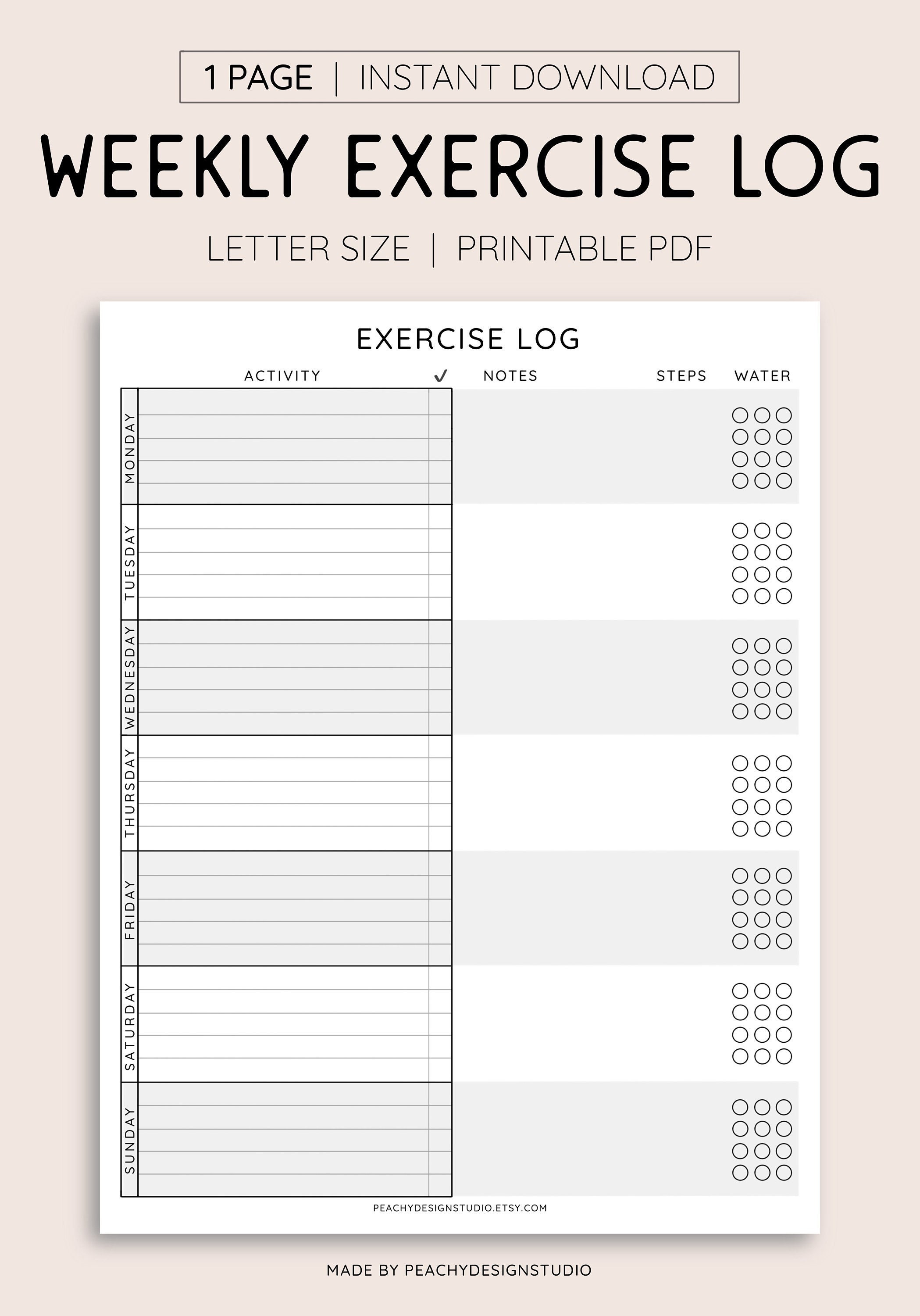 Weekly Exercise Log Printable, INSTANT DOWNLOAD, Weekly Daily Activity ...