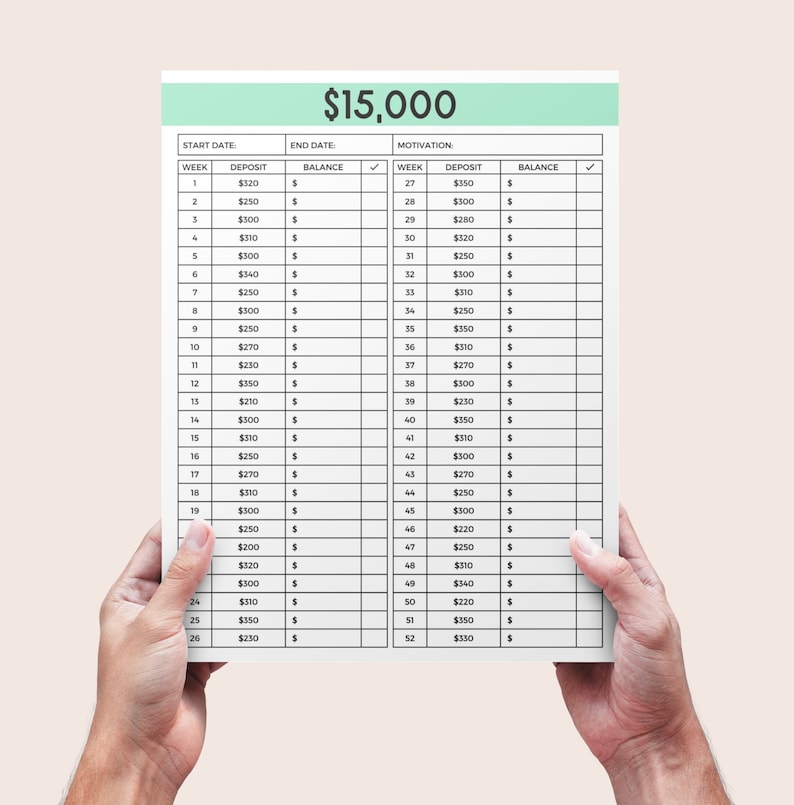 15K Savings Goal Tracker Printable Money Saving Log, 1 Year Savings ...