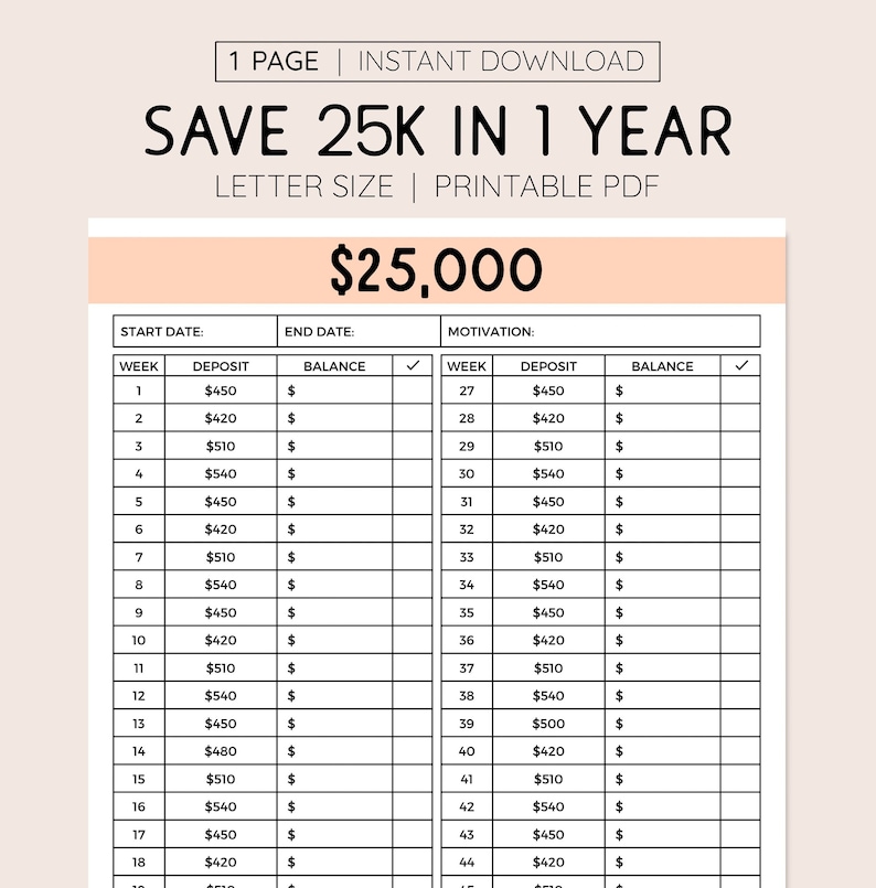 25K Savings Goal Tracker Printable Money Saving Log, 1 Year Savings ...