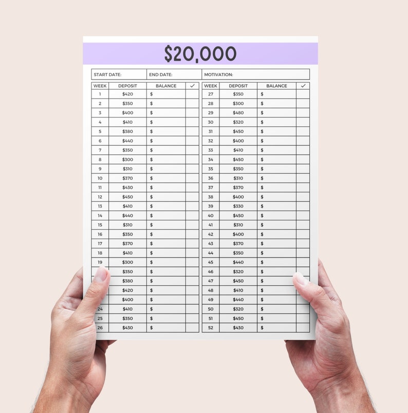 20k Savings Goal Tracker Printable Money Saving Log 1 Year Savings