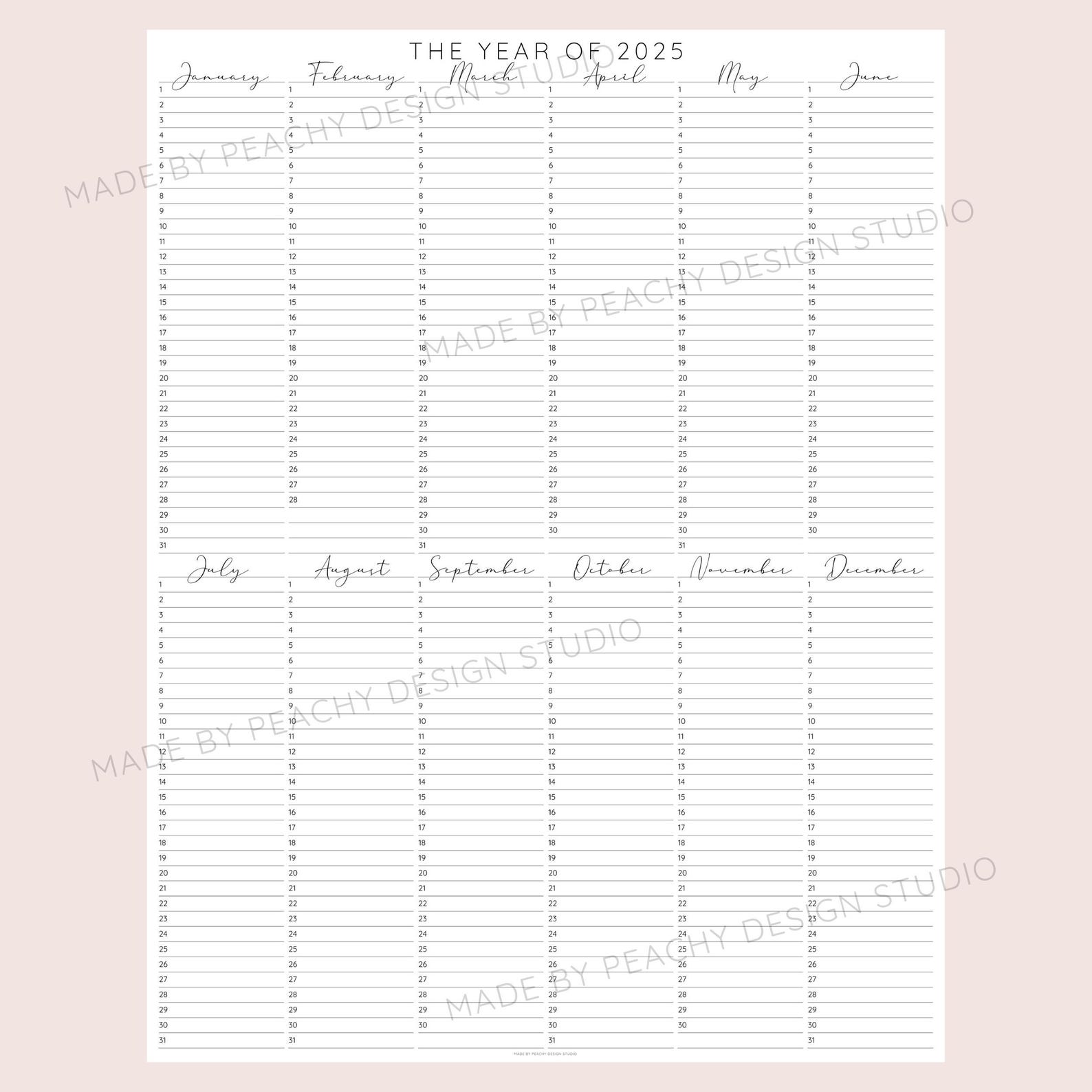 2025 Year at A Glance, INSTANT DOWNLOAD, Yearly Overview, Printable ...