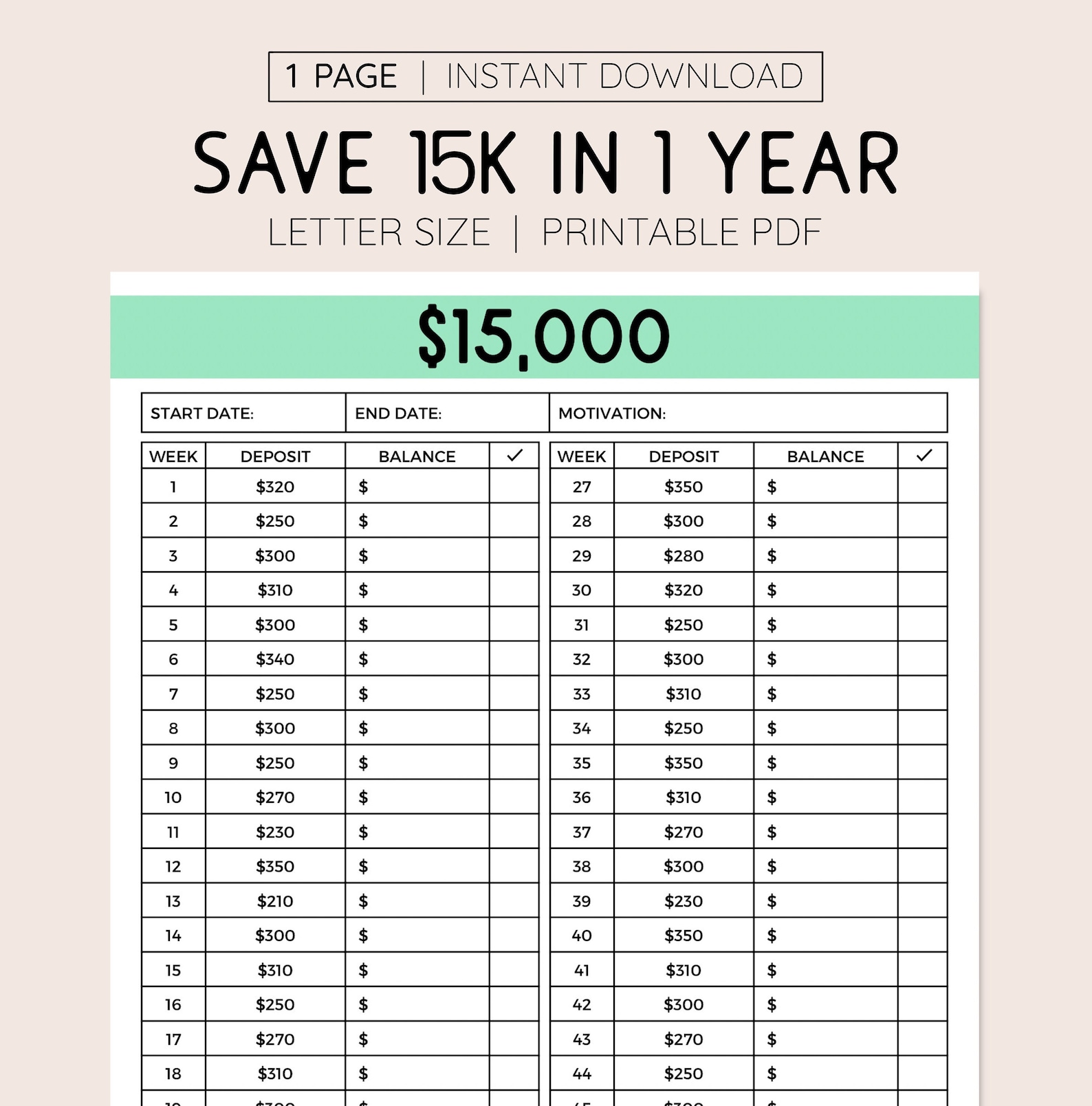15K Savings Goal Tracker Printable Money Saving Log, 1 Year Savings ...