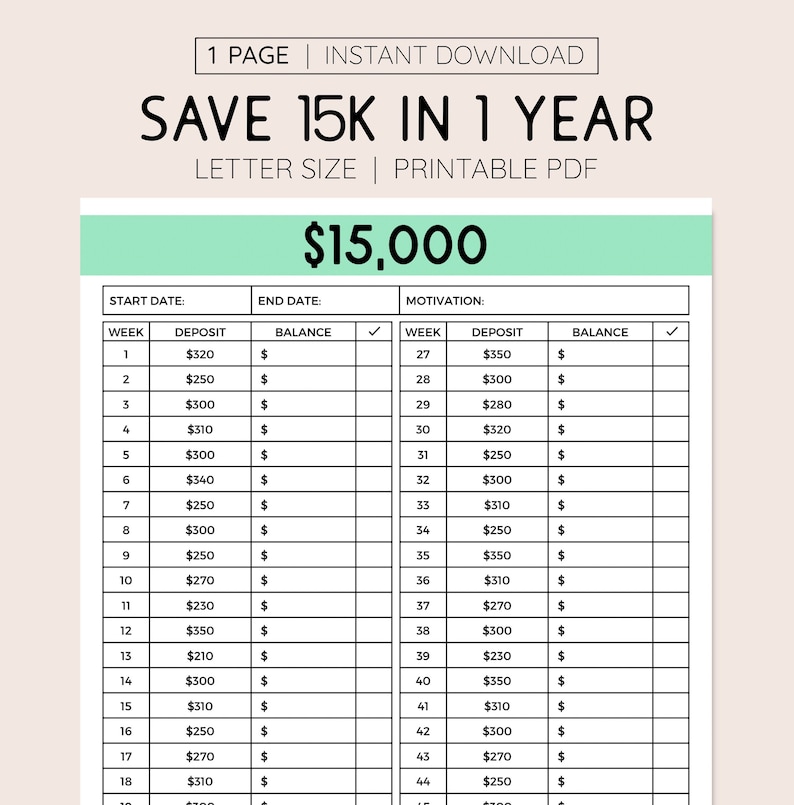 15K Savings Goal Tracker Printable Money Saving Log, 1 Year Savings ...