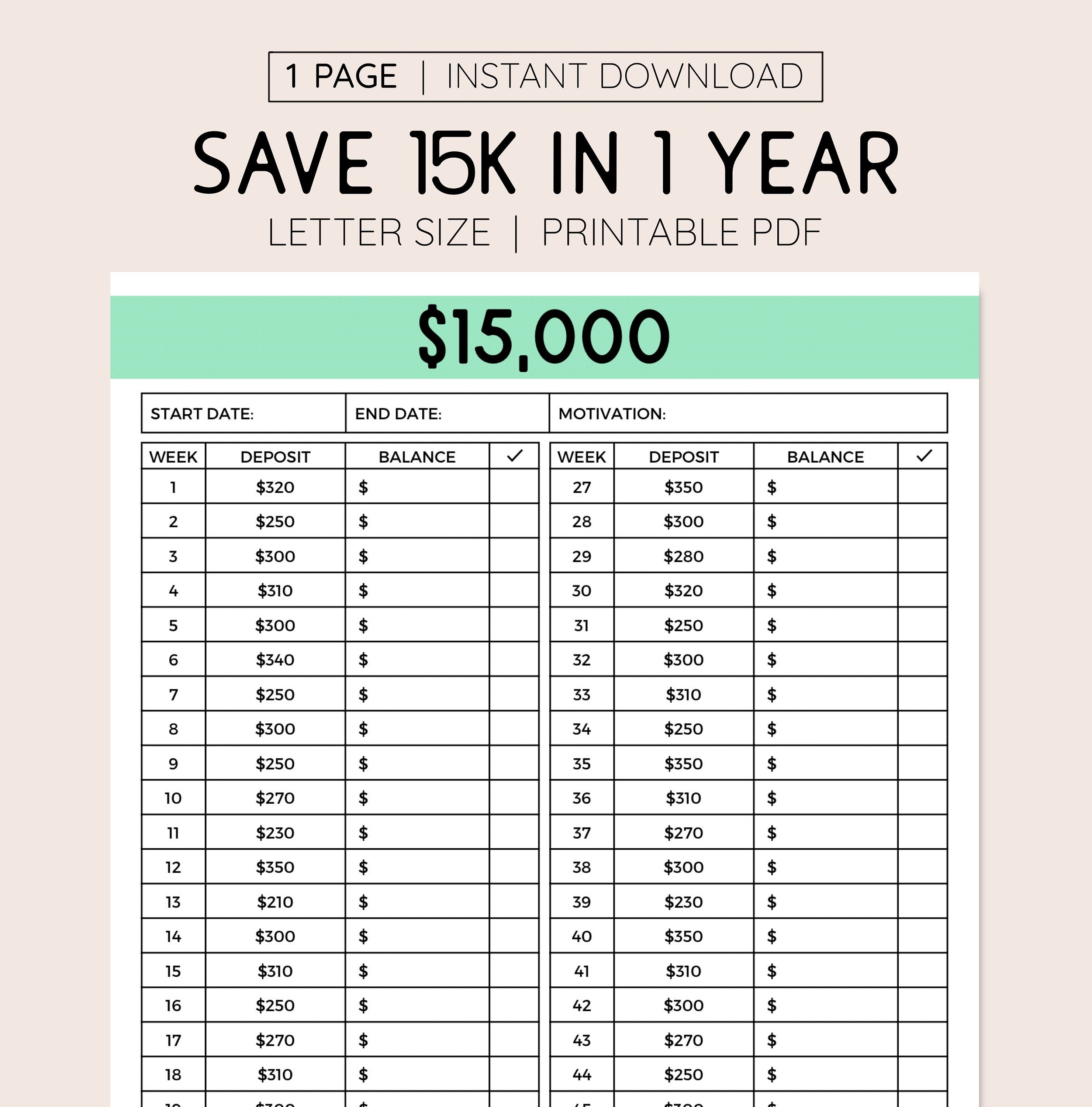 15K Savings Goal Tracker Printable Money Saving Log, 1 Year Savings ...