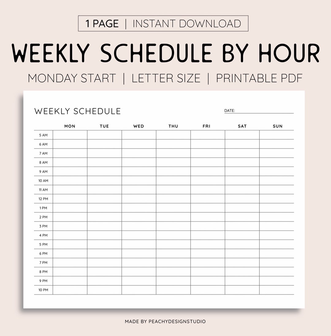 Hourly Weekly Schedule Printable: Monday Start, Letter Size (PDF) - Etsy