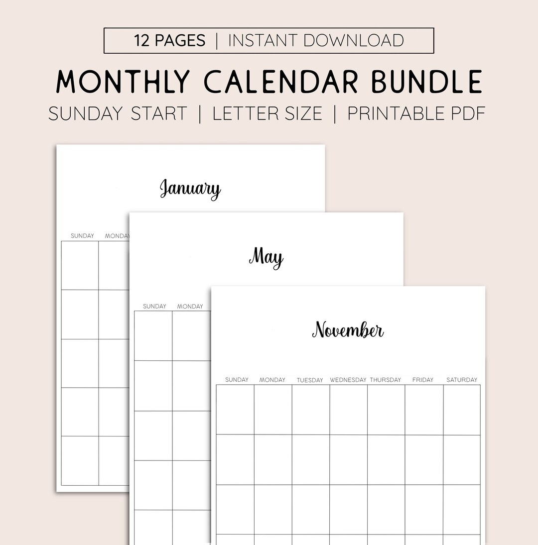 12 Blank Monthly Calendars Sunday Start, INSTANT DOWNLOAD, Year of Calendars Minimalist Planner ...