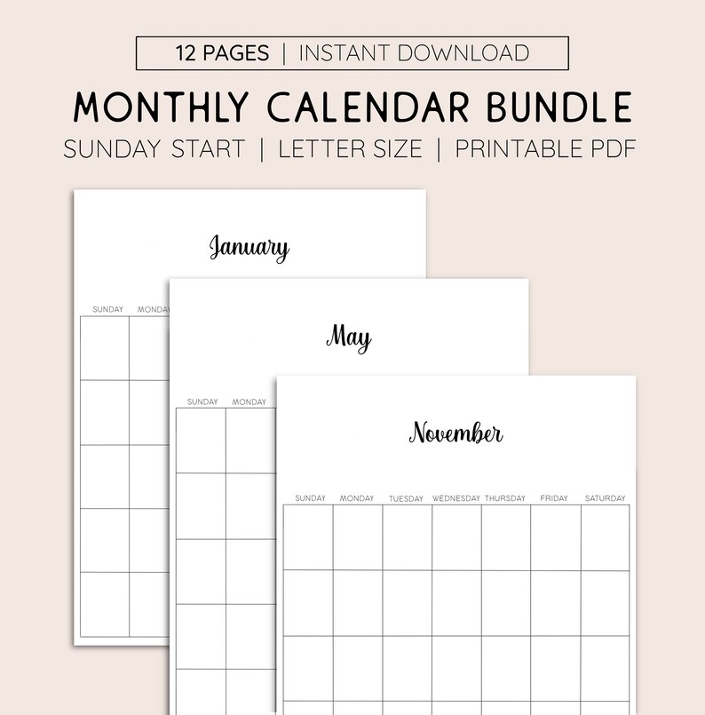 12 Blank Monthly Calendars Sunday Start, INSTANT DOWNLOAD, Year of ...