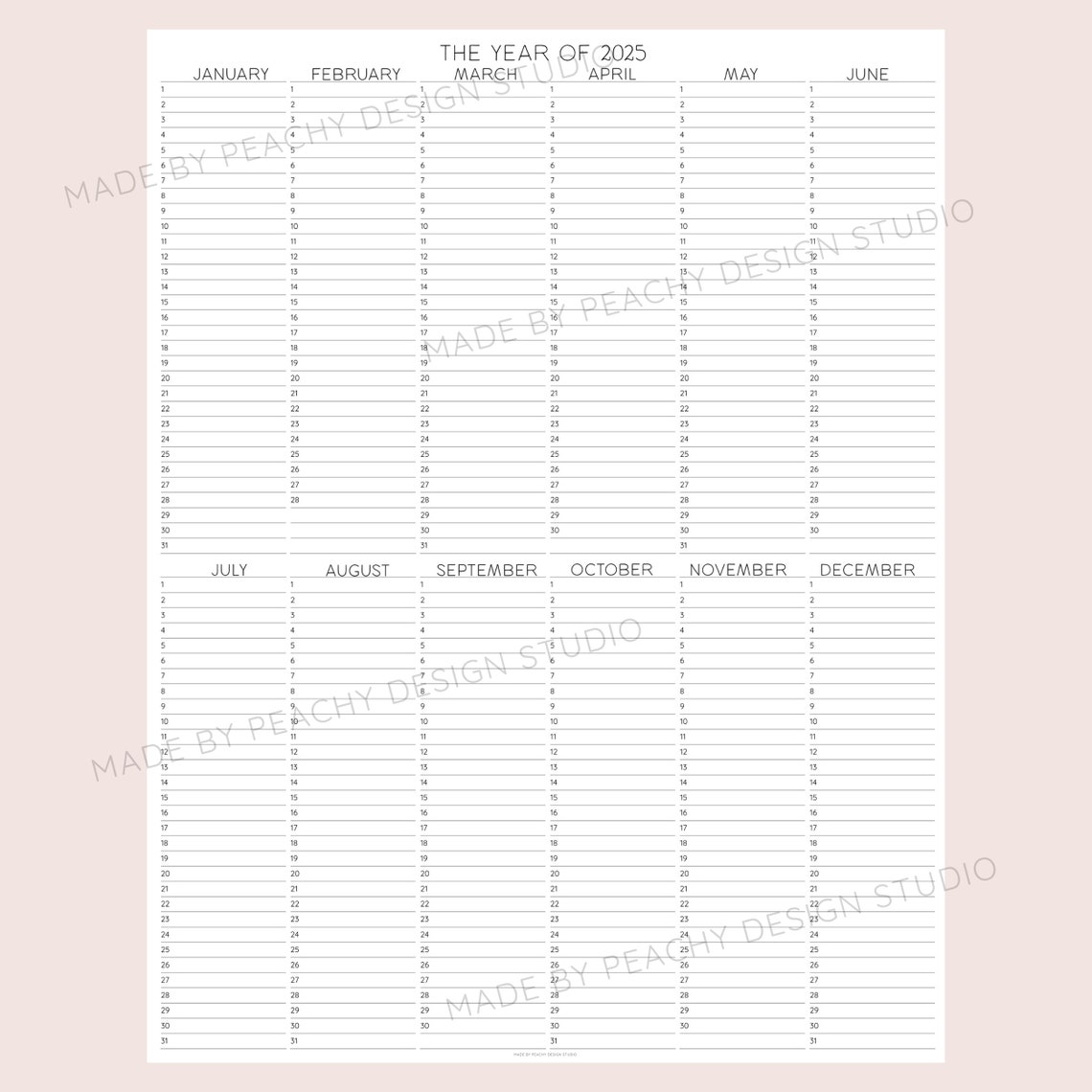 2025 Year at A Glance, INSTANT DOWNLOAD, Yearly Overview, Printable ...