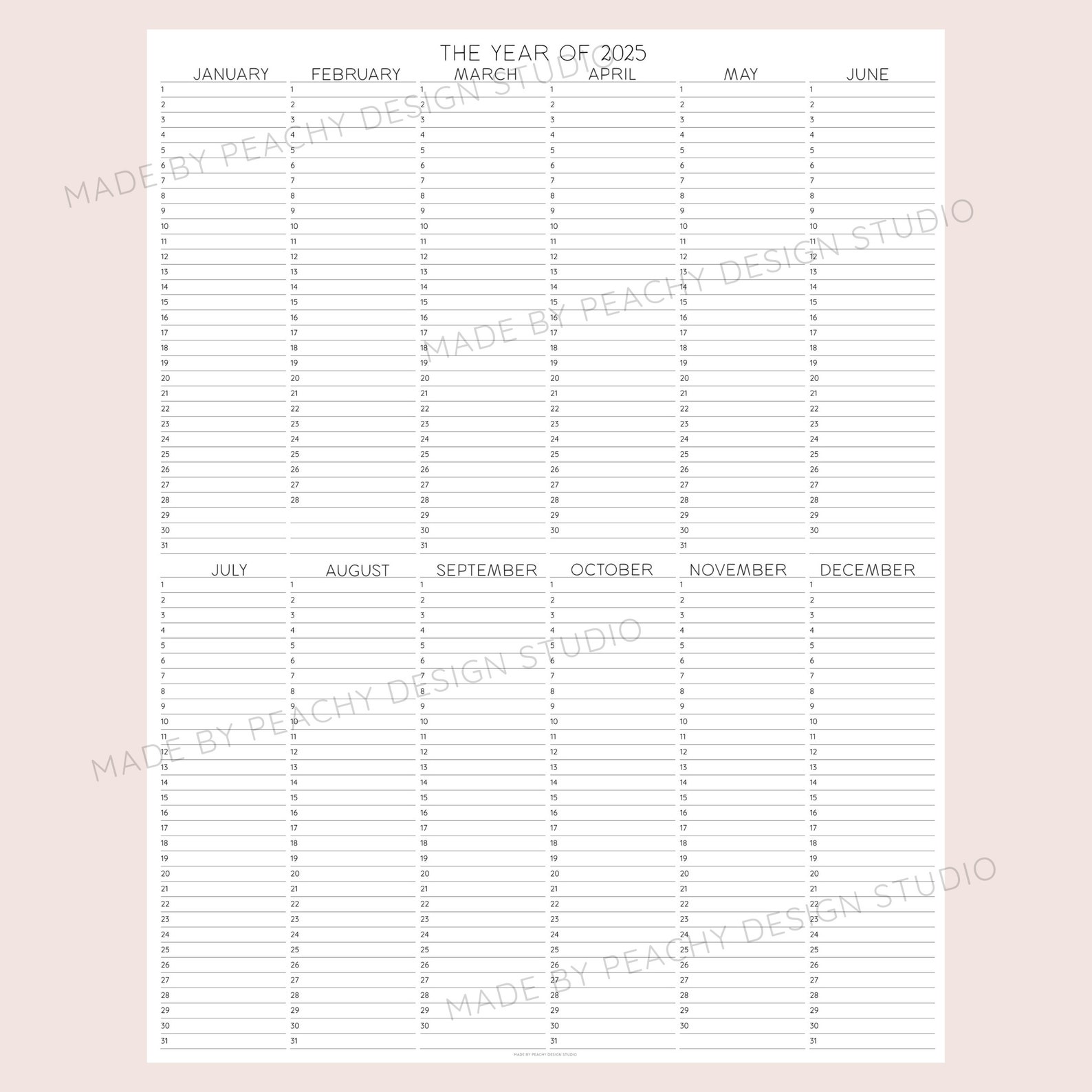 2025 Year at A Glance, INSTANT DOWNLOAD, Yearly Overview, Printable ...