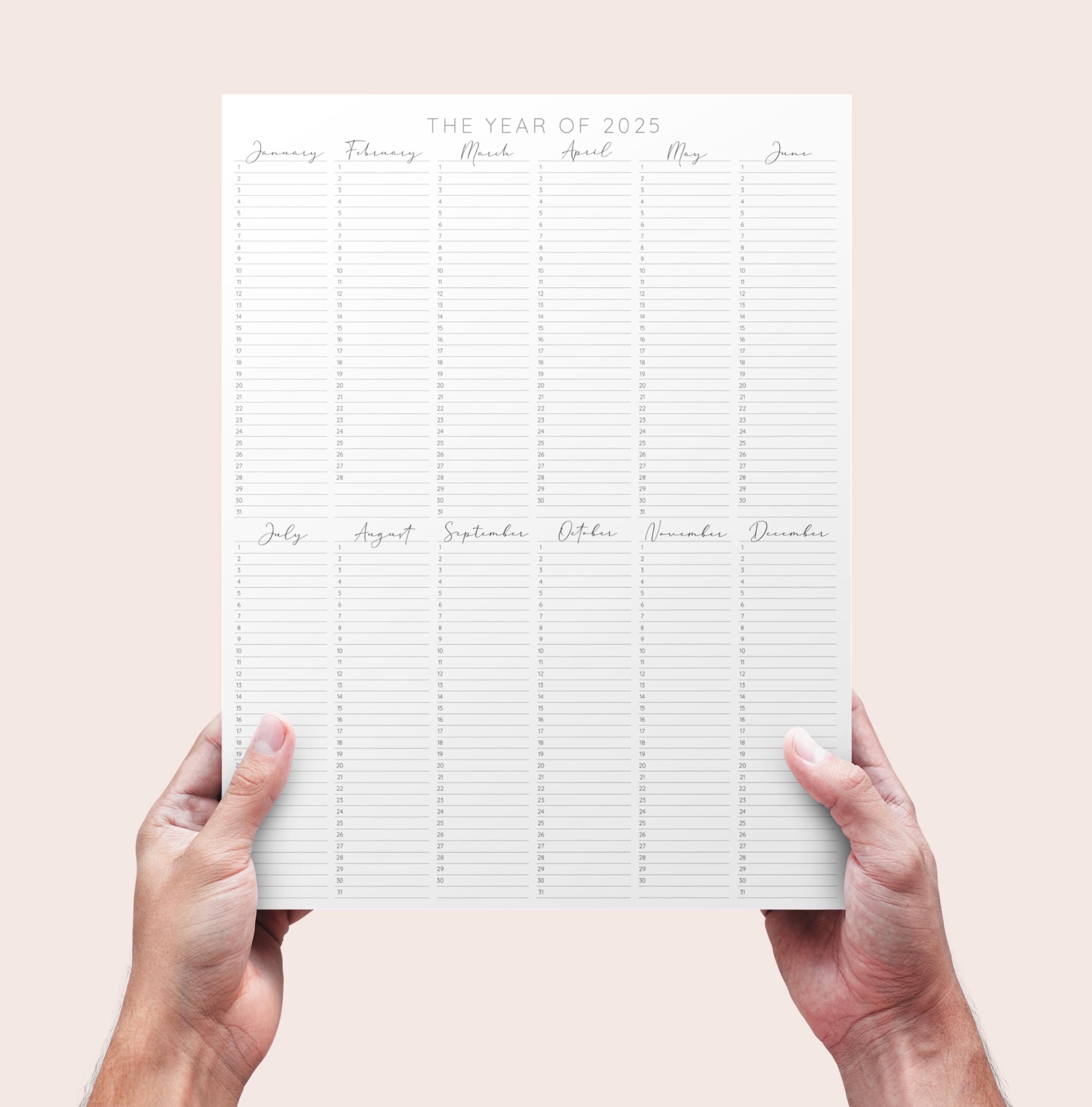 2025 Year at A Glance, INSTANT DOWNLOAD, Yearly Overview, Printable ...