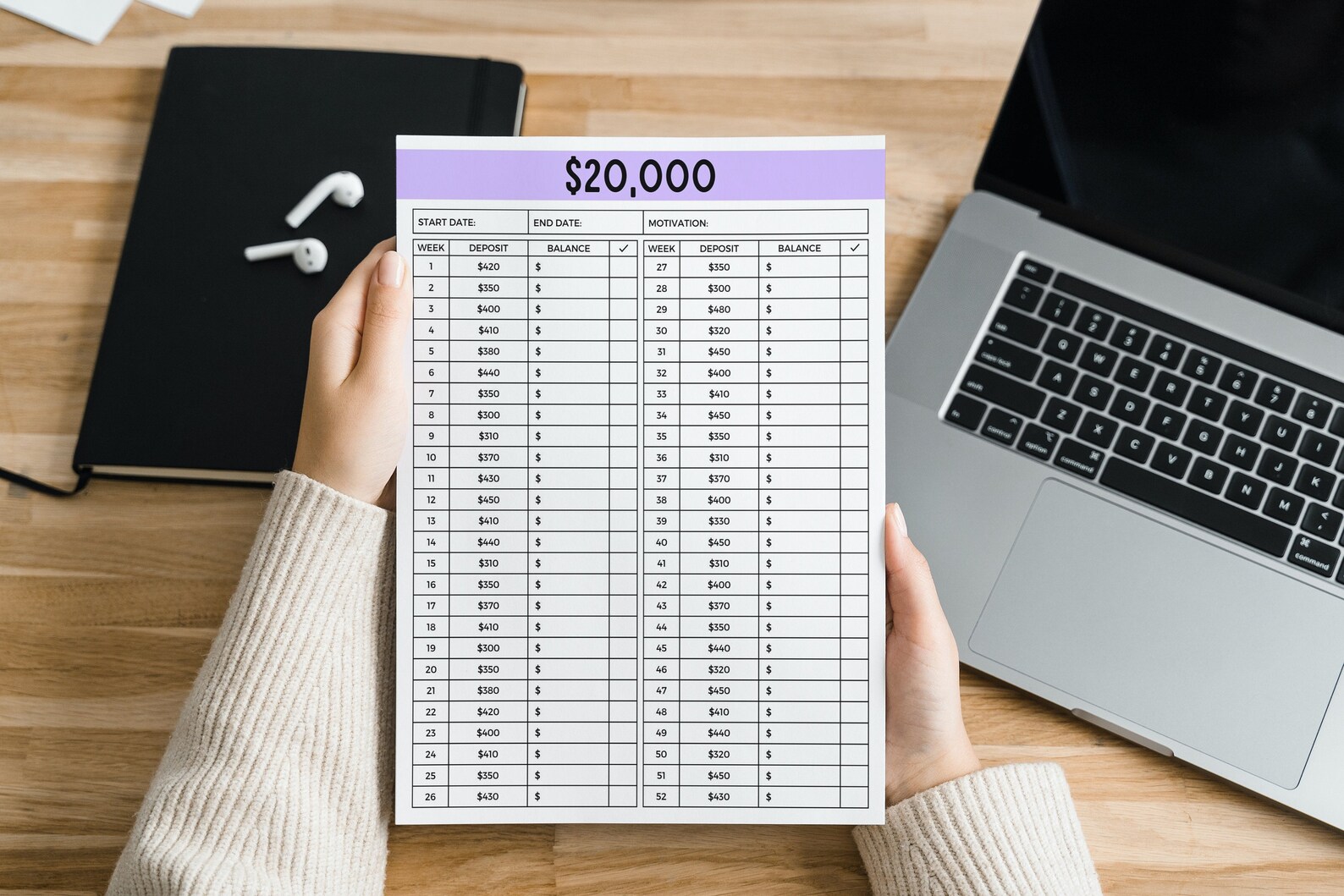 20K Savings Goal Tracker Printable Money Saving Log, 1 Year Savings ...