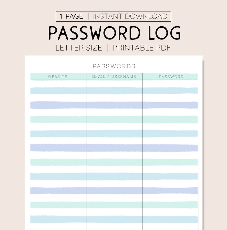 Printable Password Log, INSTANT DOWNLOAD, Password Tracker, Keep ...