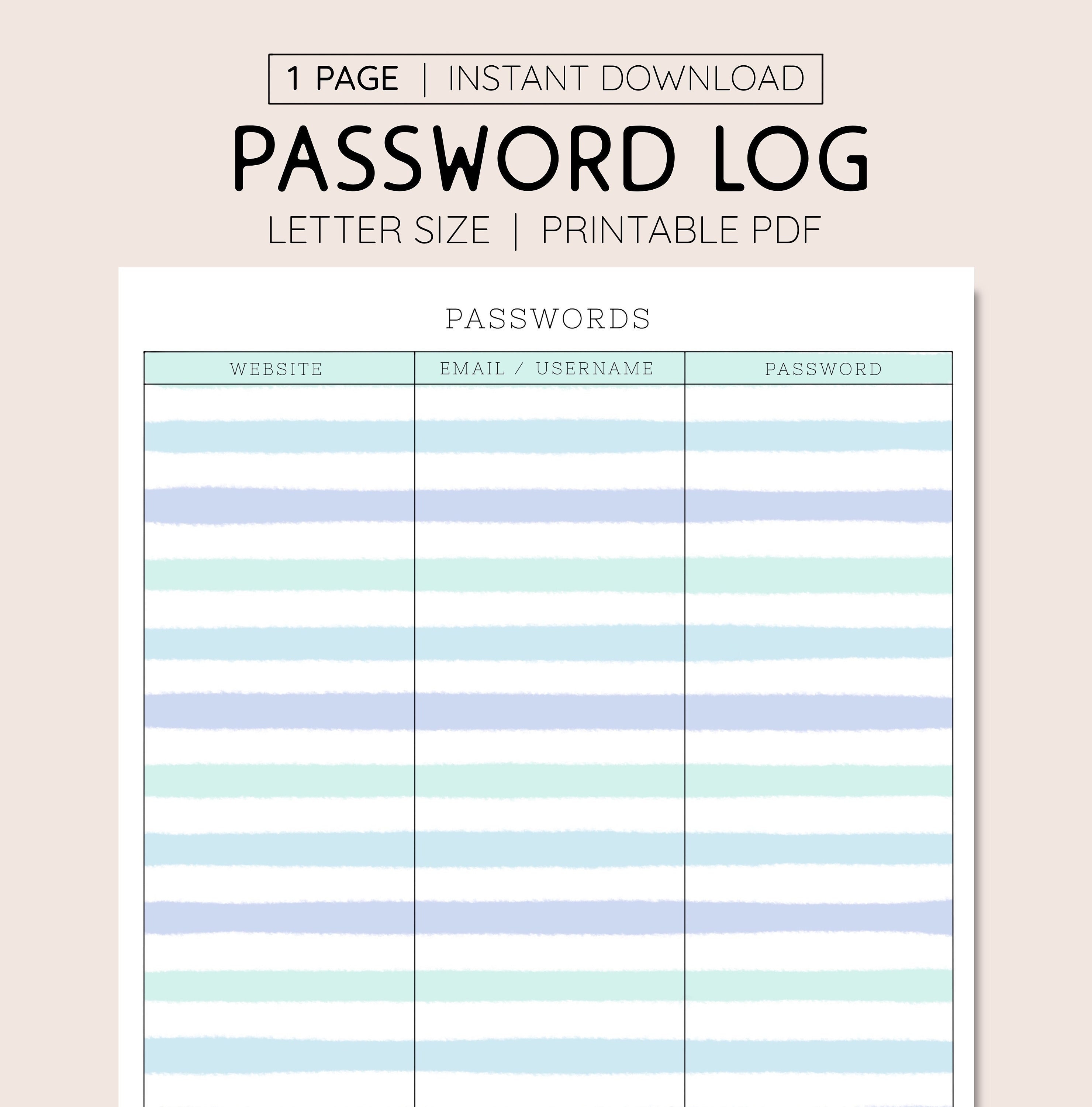 Printable Password Log, INSTANT DOWNLOAD, Password Tracker, Keep ...