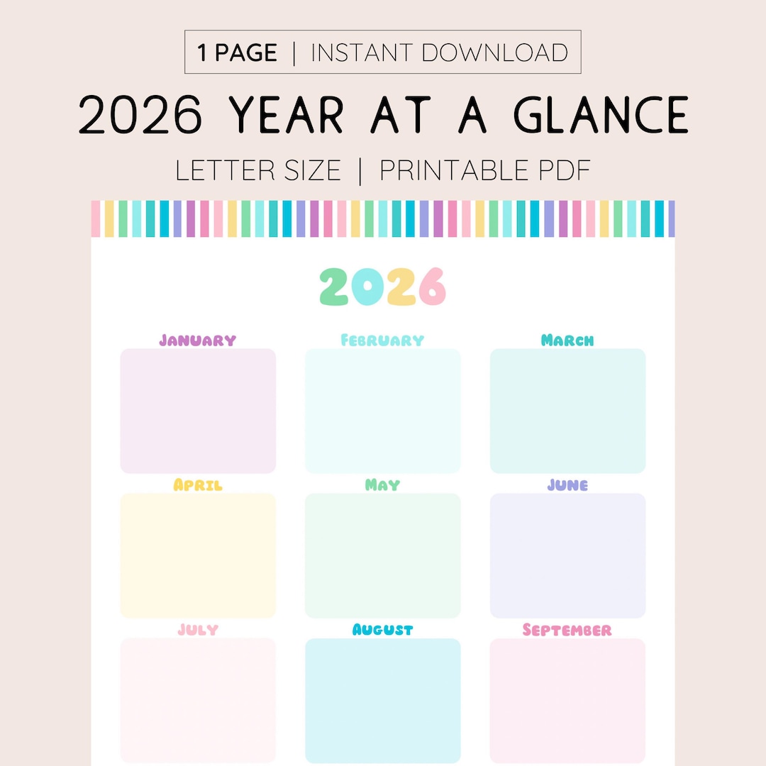 2026 Year at a Glance, INSTANT DOWNLOAD PDF, Rainbow Calendar Planner Printable, Digital Yearly ...