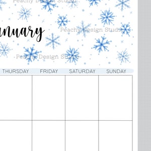 January Calendar Printable: Snowflake Design, Undated Monthly View (PDF ...